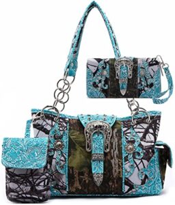 western style camouflage concealed carry purse buckle country studs women handbag shoulder bag wallet set (turquoise set)