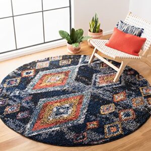 safavieh morocco collection 6’7″ round navy / multi mrc941n moroccan boho tribal area rug