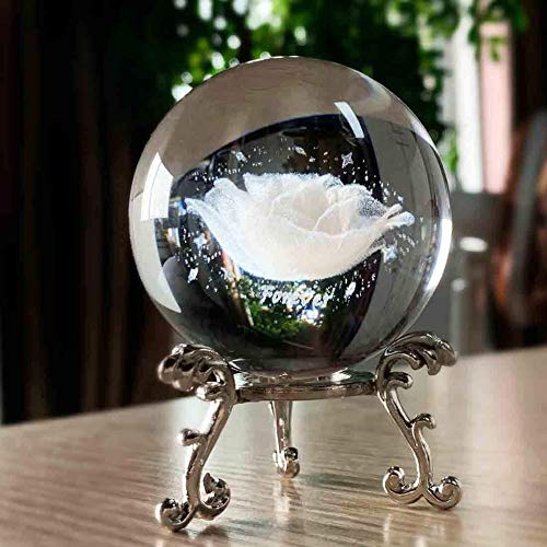 HDCRYSTALGIFTS 60mm 3D Inner Carving Rose Flower Crystal Ball Paperweight with Sliver Stand Fengshui Home Decor