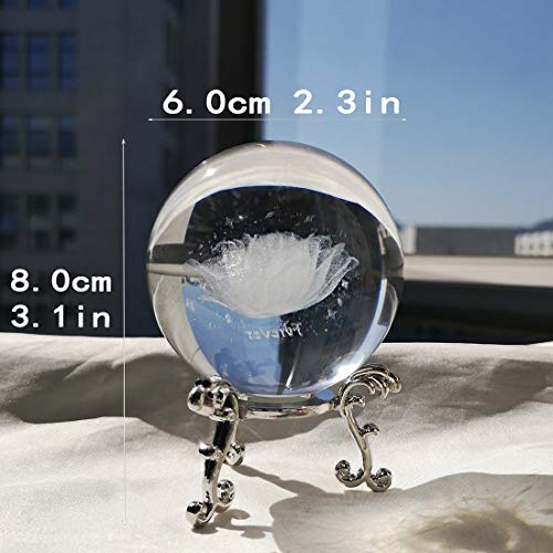 HDCRYSTALGIFTS 60mm 3D Inner Carving Rose Flower Crystal Ball Paperweight with Sliver Stand Fengshui Home Decor