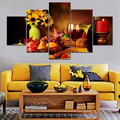 Red Wine Art Work for Home Walls 5 Panel Red Candle Paintings HD Prints Colorful Fruit and Wine Wall Art on Canvas Sunflower Pictures for Living Room Framed Gallery-Wrapped Ready to Hang(60''Wx32''H)