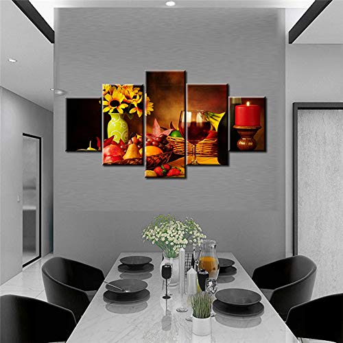 Red Wine Art Work for Home Walls 5 Panel Red Candle Paintings HD Prints Colorful Fruit and Wine Wall Art on Canvas Sunflower Pictures for Living Room Framed Gallery-Wrapped Ready to Hang(60''Wx32''H)