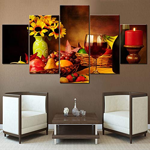 Red Wine Art Work for Home Walls 5 Panel Red Candle Paintings HD Prints Colorful Fruit and Wine Wall Art on Canvas Sunflower Pictures for Living Room Framed Gallery-Wrapped Ready to Hang(60''Wx32''H)