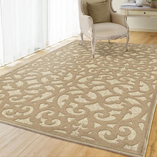 Orian Sculpted 4701 Indoor/Outdoor High-Low Debonair Driftwood Area Rug, 5'2" x 7'6", Tan