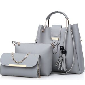 fivelovetwo women’s purse and handbags 3 pcs bag set pu leather tassel totes clutch satchels top handle shoulder crossbody bags pack grey