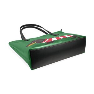 WOZO Funny Dachshund Dog Green Striped PU Leather Shoulder Tote Bag Purse for Women Girls