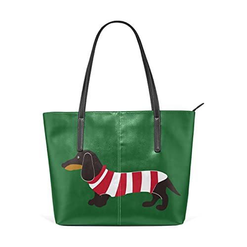 WOZO Funny Dachshund Dog Green Striped PU Leather Shoulder Tote Bag Purse for Women Girls