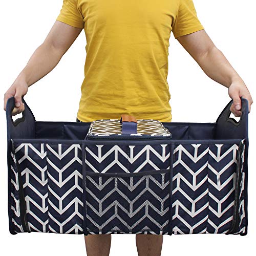 Trunk Organizer, Foldable Car Storage Bag Portable Insulation Cooler Bag Collapsible Vehicle Organizer Divider Storage Totes with 3 Compartment Cargo Tote for Groceries Caddy SUV, Navy Blue