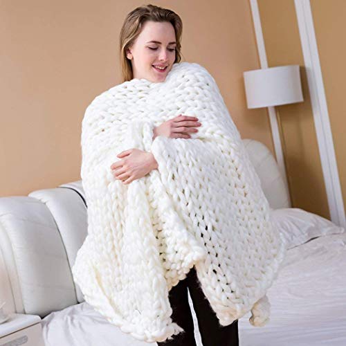 VIYEAR Chunky Knit Blanket Soft Handmade Knitting Throw Bedroom Sofa Decor Super Large White 59"x 59"