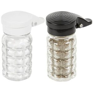 tablecraft moisture proof salt & pepper shakers – 1.5 oz – glass w/black & white lids spring loaded, no clog, set of 2