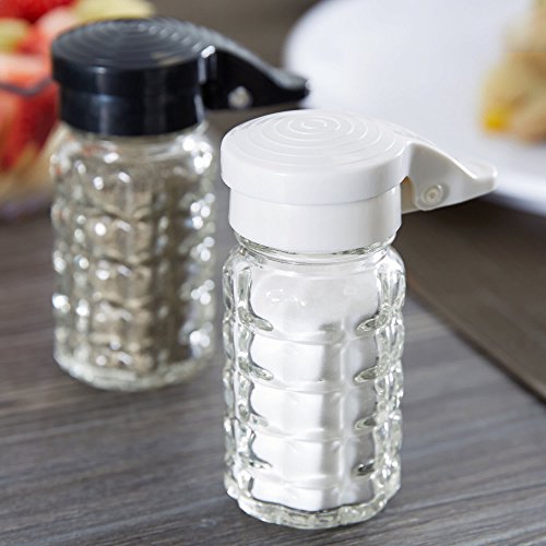 Tablecraft Moisture Proof Salt & Pepper Shakers - 1.5 Oz - Glass w/Black & White Lids Spring Loaded, No Clog, Set of 2