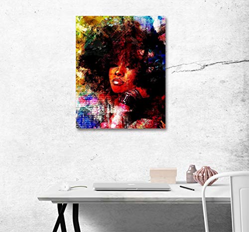 HVEST African Woman Canvas Wall Art-Black Woman with Afro Hair Artwork Hippie Painting for Living Room Bedroom Bathroom Office Wall Decor,Stretched and Framed Ready to Hang,12x16 inches