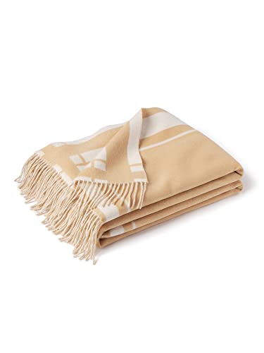 State Cashmere Reversible Throw Blanket with Fringes - Ultra Soft Accent Blanket for Couch, Sofa & Bed - Made with Merino Wool & Cashmere Sourced from Inner Mongolia - (Camello/Beige, 70"x50")