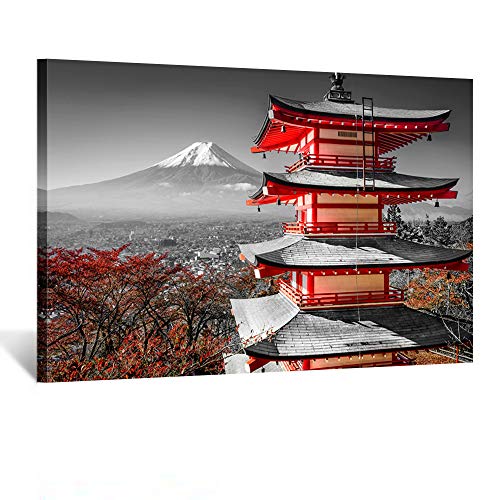 Kreative Arts Black and White Photograph with Pop of Red on a Japanese Temple in Autumn Canvas Prints Wall Art Fall Landscape Photo to Canvas Giclee Artwork with Frame Ready to Hang Home Decor 24x36inch