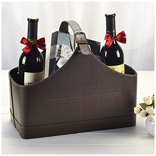 Leather Storage Basket,MDF structure Wine Flowers Fruits Magazine Holder Rack/ Bins,with Top handle for holiday presents gifts display (Middle, Coffee)