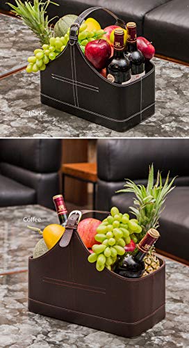 Leather Storage Basket,MDF structure Wine Flowers Fruits Magazine Holder Rack/ Bins,with Top handle for holiday presents gifts display (Middle, Coffee)