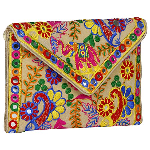 Elephant Printed- Jaipuri Art Sling Bag- Easy to Carry- Zipper Closure and Fold over Clutch Purse with Long Strap