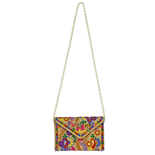 Elephant Printed- Jaipuri Art Sling Bag- Easy to Carry- Zipper Closure and Fold over Clutch Purse with Long Strap