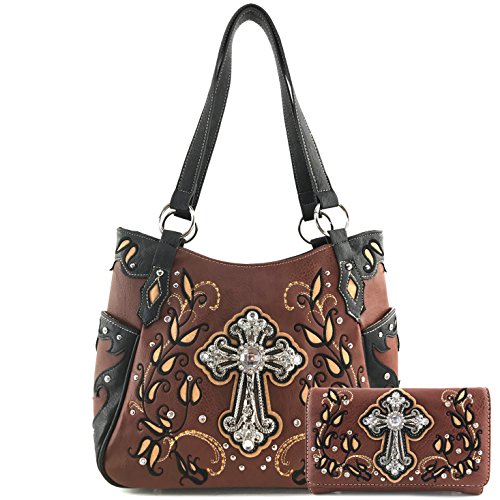 Justin West Western Floral Rhinestone Side Pocket Cross Slim Handle Handbag Purse Tote and Strap Wallet (Brown Purse and Wallet)