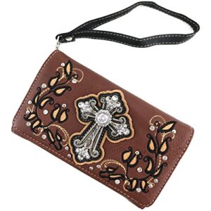 Justin West Western Floral Rhinestone Side Pocket Cross Slim Handle Handbag Purse Tote and Strap Wallet (Brown Purse and Wallet)