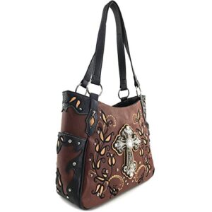 Justin West Western Floral Rhinestone Side Pocket Cross Slim Handle Handbag Purse Tote and Strap Wallet (Brown Purse and Wallet)