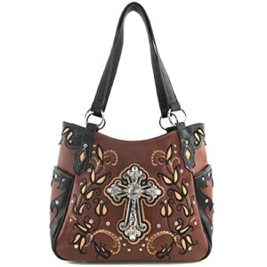 Justin West Western Floral Rhinestone Side Pocket Cross Slim Handle Handbag Purse Tote and Strap Wallet (Brown Purse and Wallet)