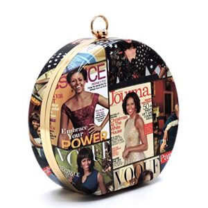 amy & joey glossy magazine cover collage michelle obama printed round hard clutch bags with chain shoulder strap (multi)