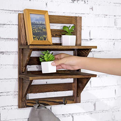 MyGift 2-Tier Dark Brown Wood Wall Mounted Shelf Rack with Key Hooks, Entryway Storage Display Shelves, Bathroom Shelving and Towel Hooks, 7 x 13-Inches