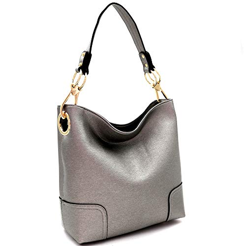 Side Ring Large Snap Hook Hardware Single Strap Soft Vegan Leather Medium Hobo Bag (Large - Black)