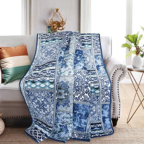 NEWLAKE Quilted Throw Blanket for Bed Couch Sofa, Blue Classic Bohemian, 60X78 Inch