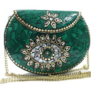 stone mosaic metal bag antique ethnic bridal clutch Indian purse party clutch women bag (Turquoise)