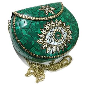 stone mosaic metal bag antique ethnic bridal clutch Indian purse party clutch women bag (Turquoise)