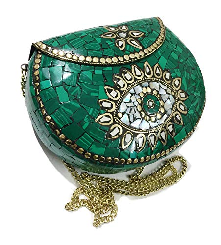 stone mosaic metal bag antique ethnic bridal clutch Indian purse party clutch women bag (Turquoise)