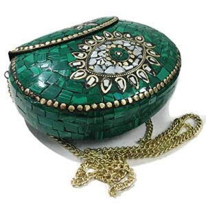 stone mosaic metal bag antique ethnic bridal clutch Indian purse party clutch women bag (Turquoise)