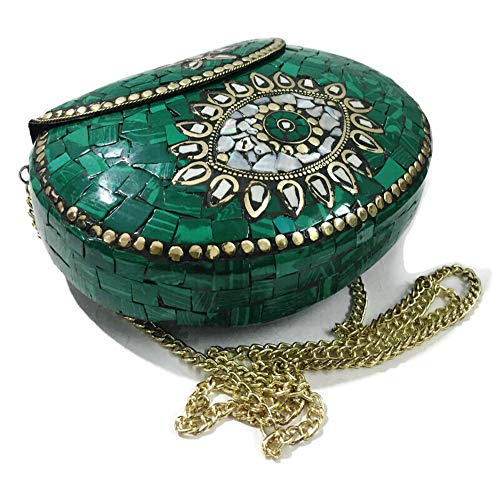 stone mosaic metal bag antique ethnic bridal clutch Indian purse party clutch women bag (Turquoise)