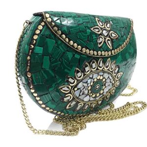 stone mosaic metal bag antique ethnic bridal clutch Indian purse party clutch women bag (Turquoise)