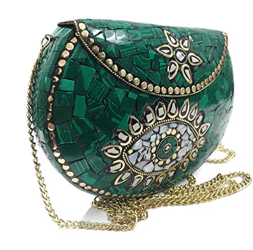 stone mosaic metal bag antique ethnic bridal clutch Indian purse party clutch women bag (Turquoise)