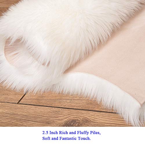 HEBE Faux Fur Rug Sheepskin Rug Runner 2'x4' Soft Sheepskin Fur Chair Couch Cover Milk White Sheepskin Area Throw Rug Runner for Bedroom Kids Nursery Living Room