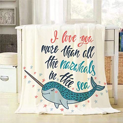 Mugod Inspirational Quote Throw Blanket I Love You More Than All The Narwhals in The Sea Decorative Soft Warm Cozy Flannel Plush Throws Blankets for Baby Toddler Dog Cat 30 X 40 Inch