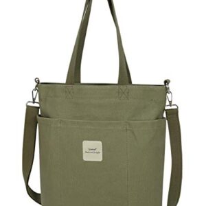 Iswee Canvas Tote Bag with Pockets Shoulder Bag Casual Top Handle Handbag Large Crossbody Bags for Women (Dark Green)