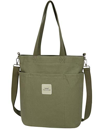 Iswee Canvas Tote Bag with Pockets Shoulder Bag Casual Top Handle Handbag Large Crossbody Bags for Women (Dark Green)