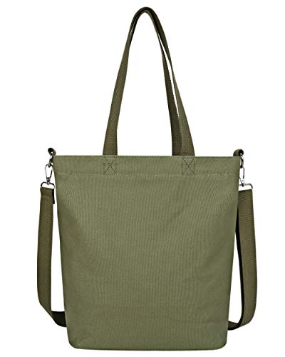 Iswee Canvas Tote Bag with Pockets Shoulder Bag Casual Top Handle Handbag Large Crossbody Bags for Women (Dark Green)