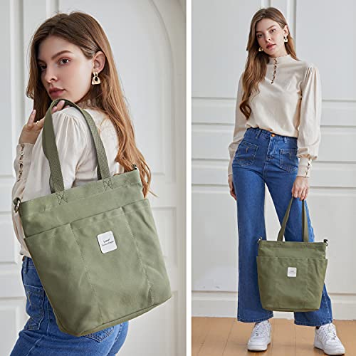 Iswee Canvas Tote Bag with Pockets Shoulder Bag Casual Top Handle Handbag Large Crossbody Bags for Women (Dark Green)