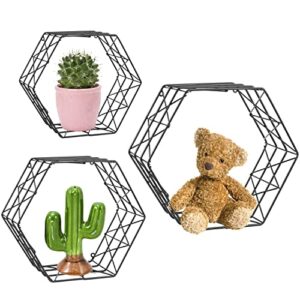 erytlly hexagon hanging floating shelves, wall mounted metal farmhouse storage honeycomb decorative shelf display set of 3 – modern room decor for bathroom, kitchen, bedroom (black)