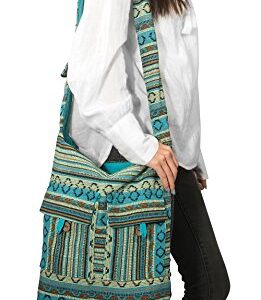 Tribe Azure Blue Aztec Canvas Large Hobo Cross body Shoulder Sling Slouch Casual Shopping Market Bag