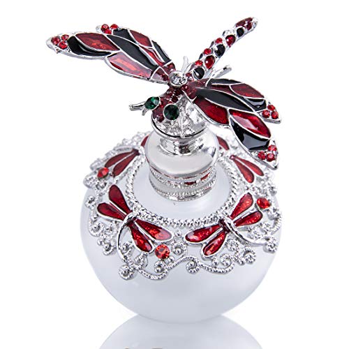 YU FENG Dragonfly Decorative Glass Perfume Bottle Jeweled Enameled Fancy Crystal Perfume Holder Scent Bottles Empty Refillable(Red,40ml)