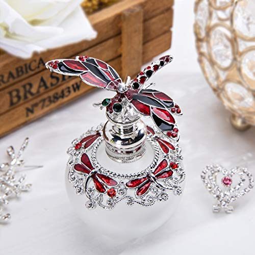 YU FENG Dragonfly Decorative Glass Perfume Bottle Jeweled Enameled Fancy Crystal Perfume Holder Scent Bottles Empty Refillable(Red,40ml)