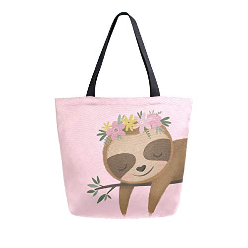 ALAZA Large Canvas Tote Bag Cute Sloth Flower Pink Shopping Shoulder Handbag with Small Zippered Pocket