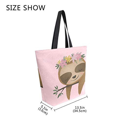 ALAZA Large Canvas Tote Bag Cute Sloth Flower Pink Shopping Shoulder Handbag with Small Zippered Pocket