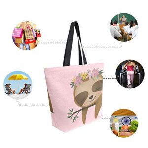 ALAZA Large Canvas Tote Bag Cute Sloth Flower Pink Shopping Shoulder Handbag with Small Zippered Pocket